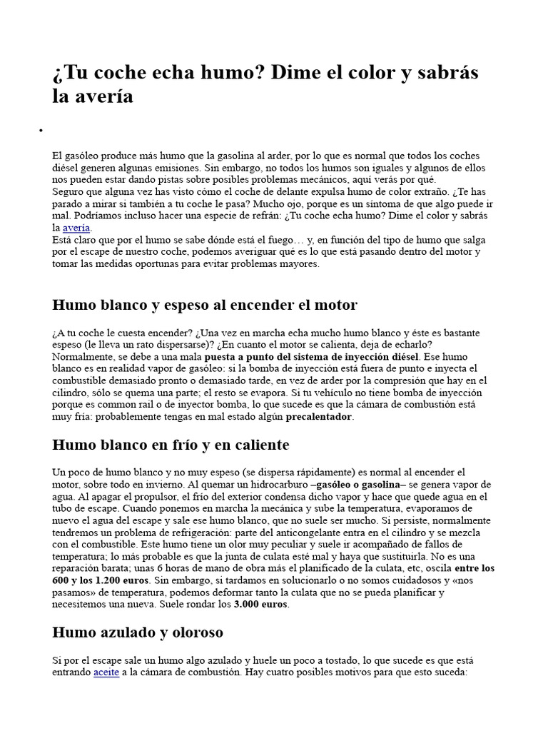 ¿Tu Coche Echa Humo Dime El Color y Sabrás La Avería | PDF | Inyección ...