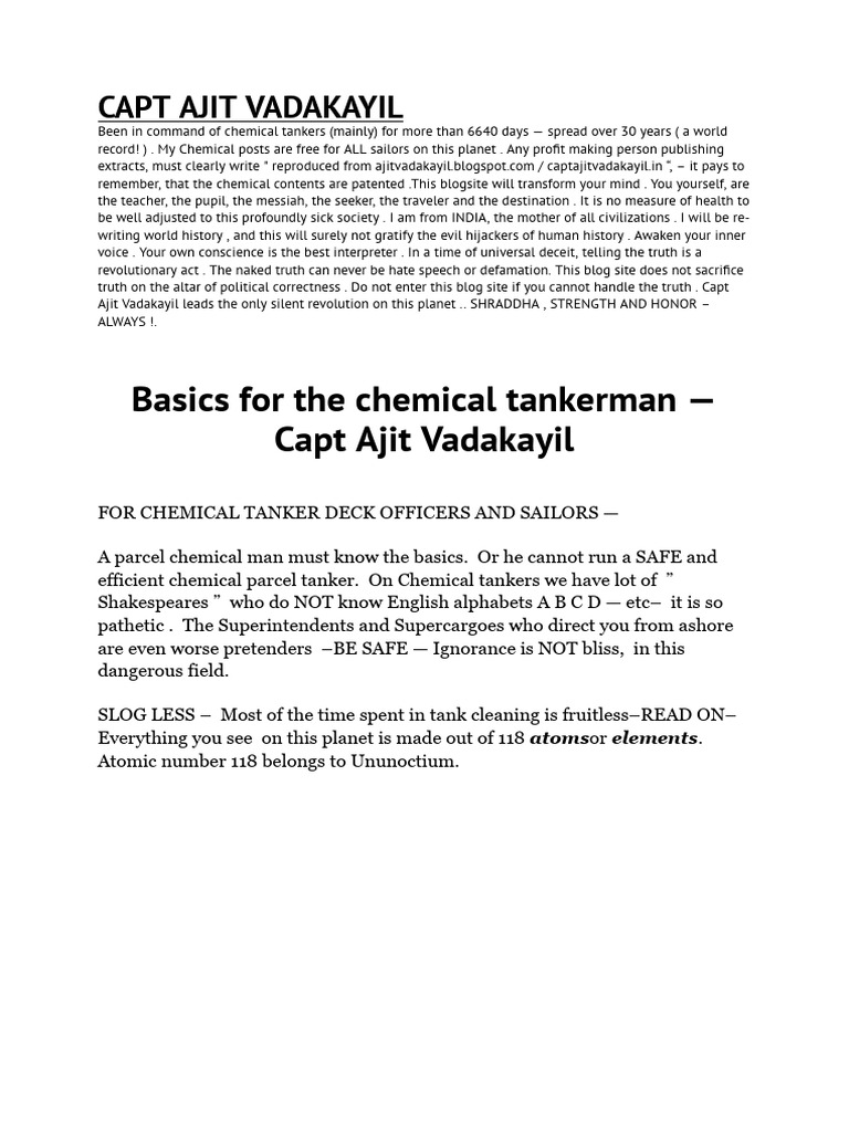Basics For The Chemical Tankerman - Capt Ajit Vadakayil - CAPT AJIT ...