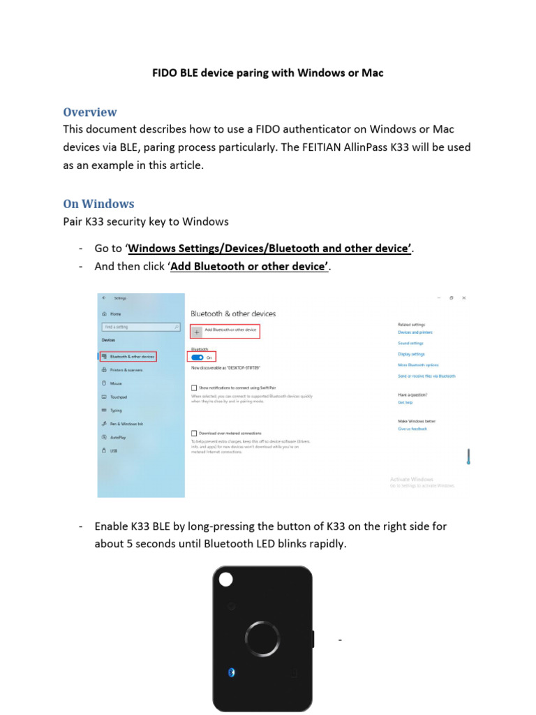 FIDO BLE Devices Pairing With Windows or Mac | PDF