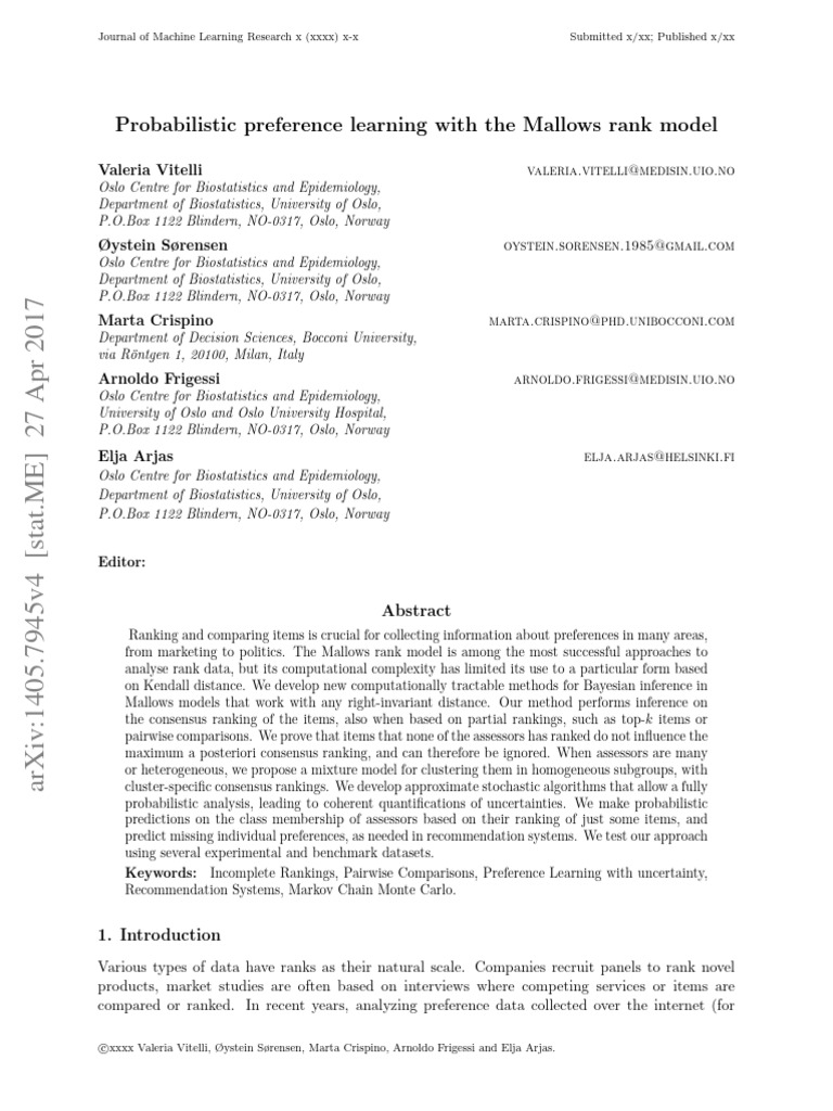 Probabilistic Preference Learning With The Mallows Rank Model | Download Free PDF | Statistical ...