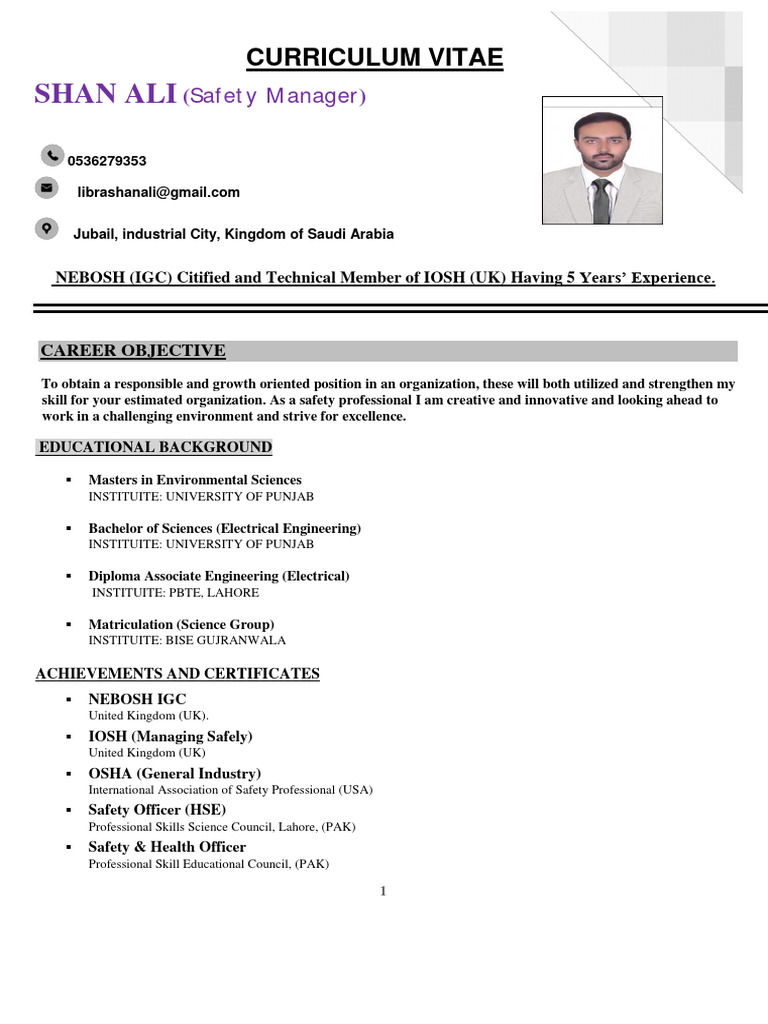 Shan Ali Safety Manager 5 Years KSA | PDF | Safety | Occupational ...