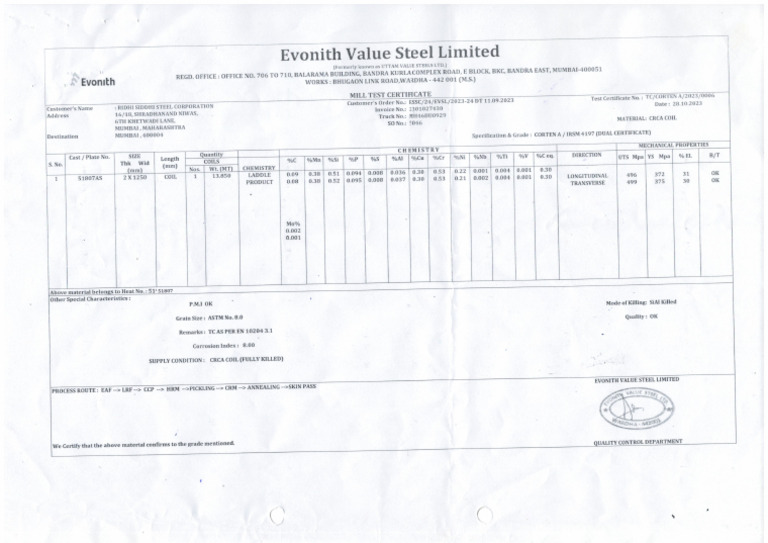 Corten Steel MTC 2MM THK | PDF