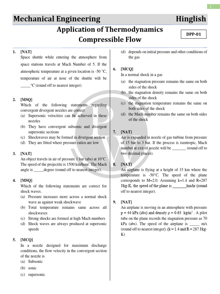 Compressible Flow - DPP 01 (Of Lec 1 & 2) | PDF | Mach Number | Shock Wave