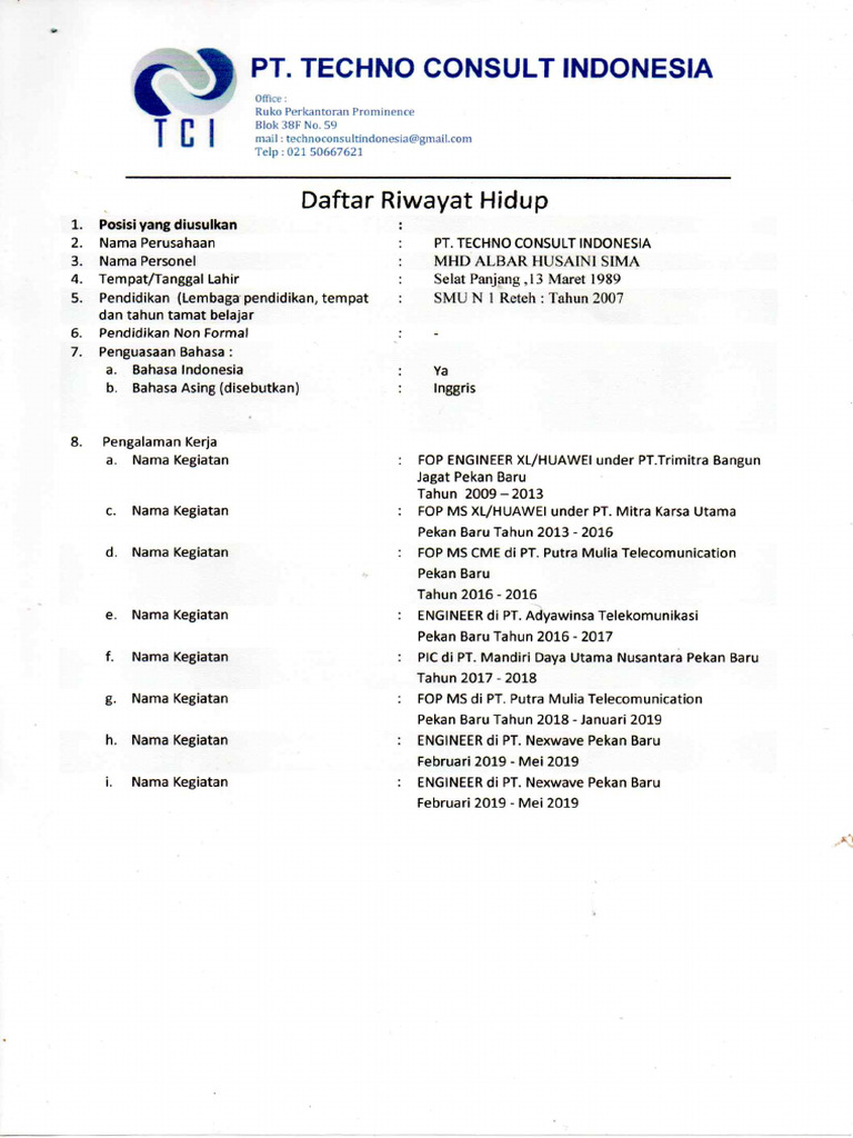 CV MHD Albar Husaini Sima | PDF