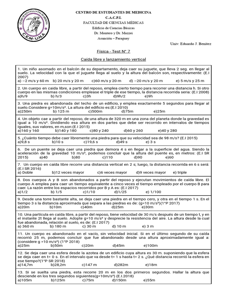 Test 7 Caída Libre Y Lanzamiento Vertical Docx 1