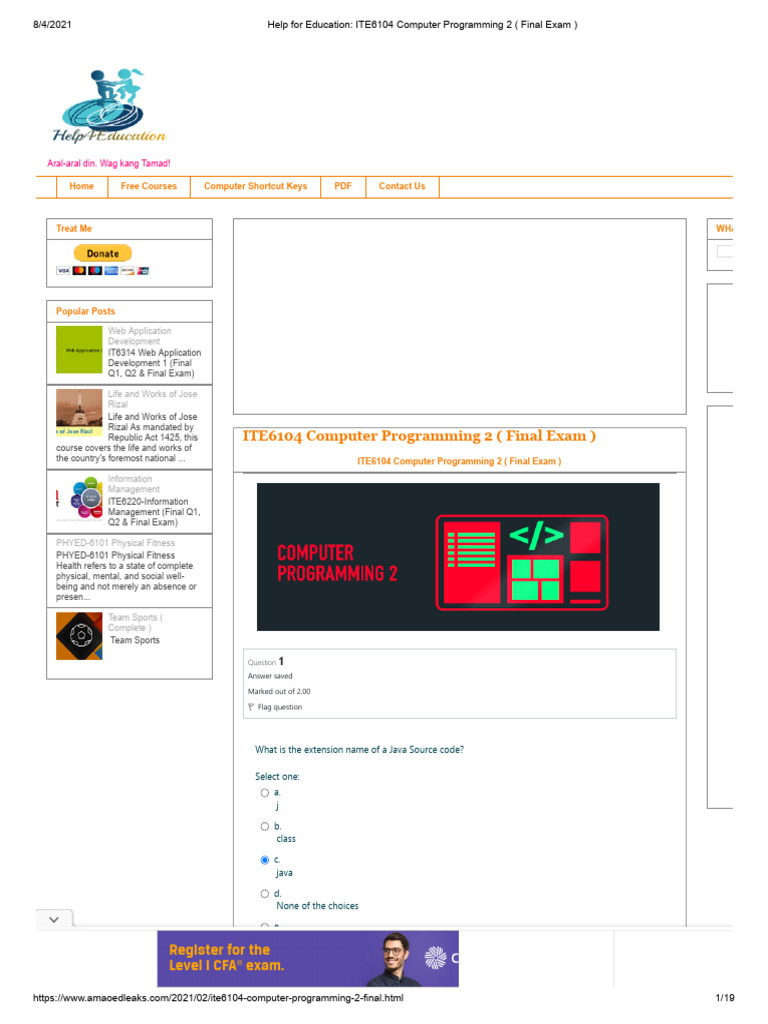 ITE6104 Computer Programming 2 (Final Exam) | PDF | Method (Computer Programming) | Programming