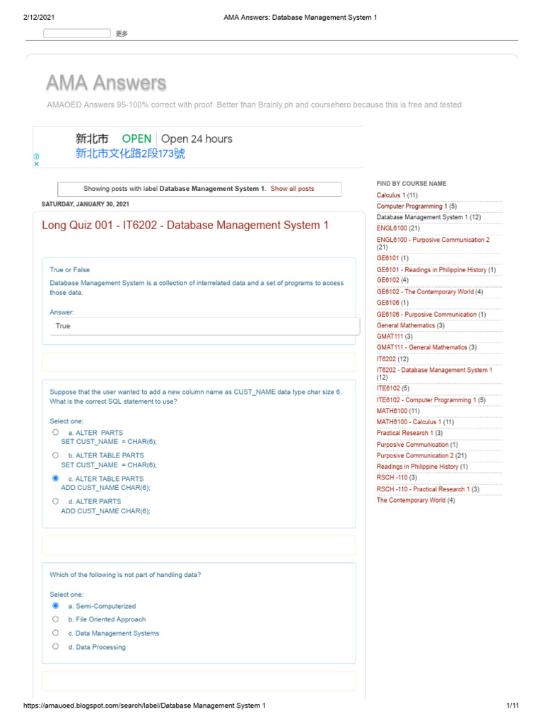 Long Quiz 001 - IT6202 - Database Management System 1 | PDF | Databases | Computer Science