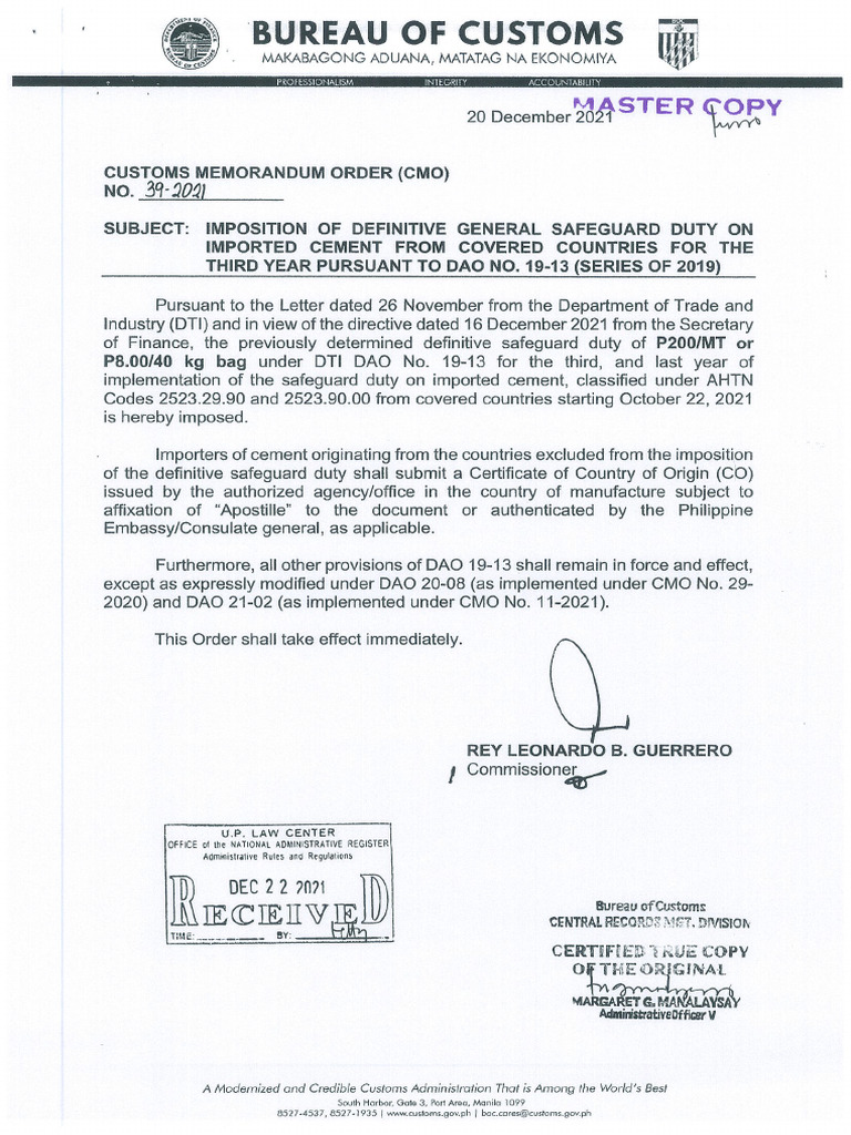 Cmo 39 2021 Imposition of Definitive General Safeguard Duty On Imported ...