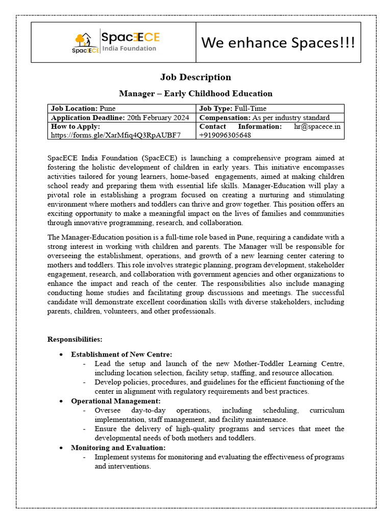 Job Description - Manager - ECCE | PDF | Early Childhood Education ...