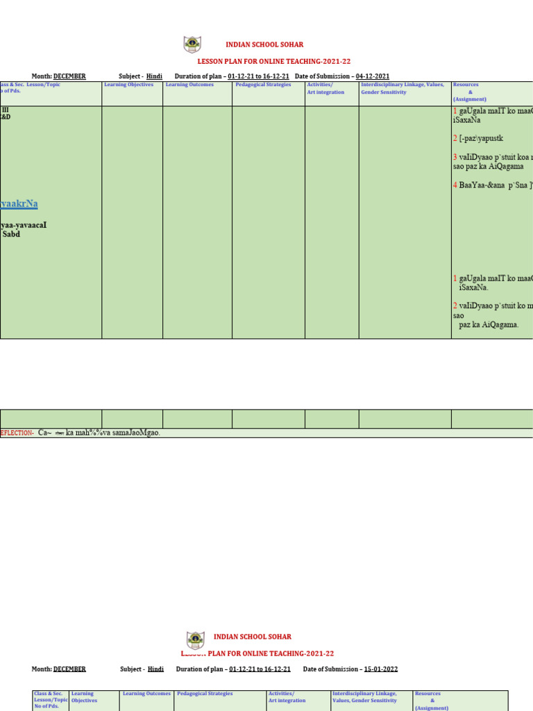 Hindi Online Lesson Plan Dec 2021 | PDF | Teaching | Pedagogy