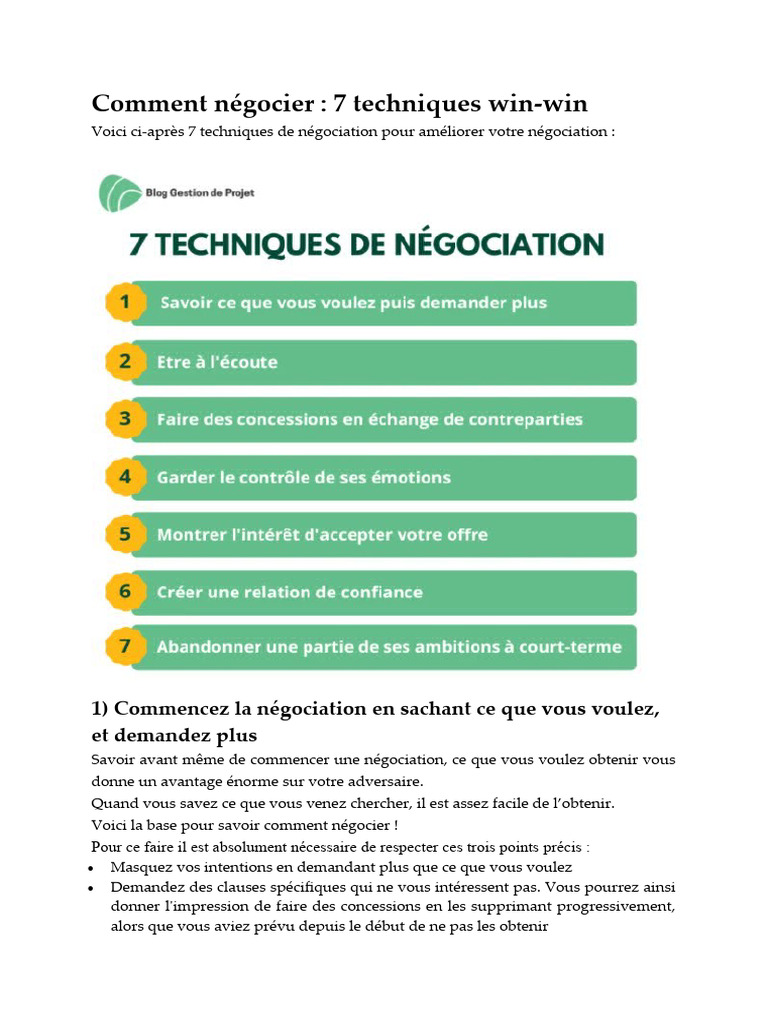 7 Techniques de Négociation Win-Win | PDF | Négociation | Émotions