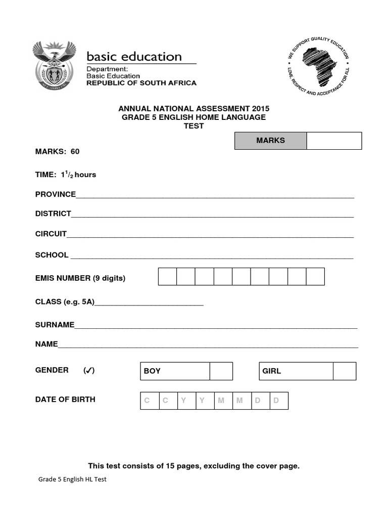 2015 Grade 5 English HL TestKK | PDF | English Language | Question