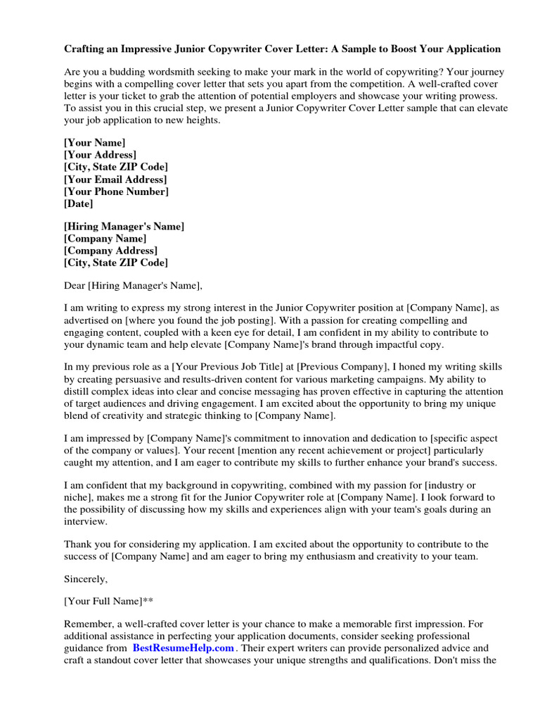Junior Copywriter Cover Letter Sample | PDF | Copywriting | Résumé