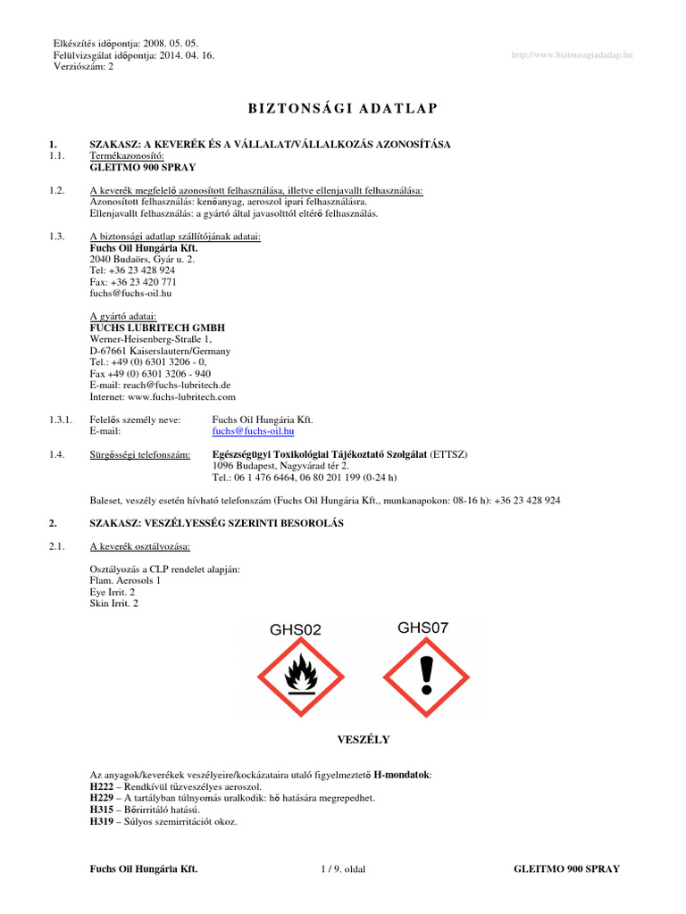 MSDS - Gleitmo 900 Spray - Hu (2014 04 16) | PDF