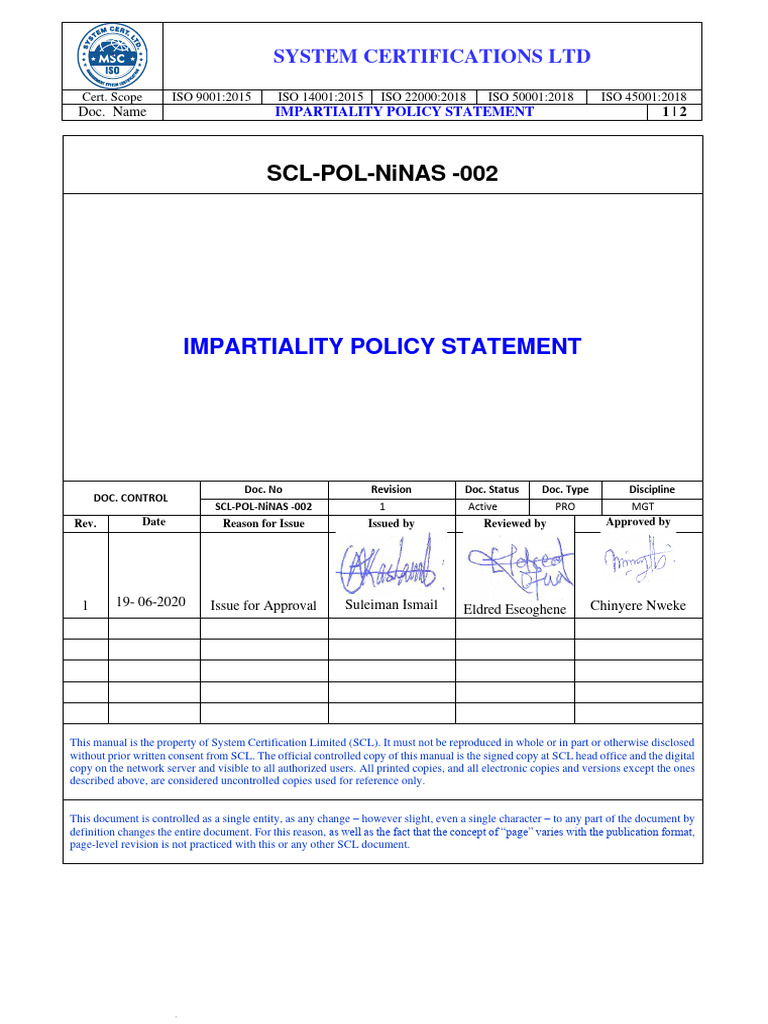 SCL-POL-NiNAS - 002 - Impartiality Policy Statement, Rev.1 | PDF ...