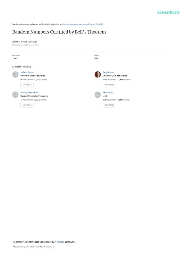 Certified Randomness via Bell's Theorem | PDF | Quantum Entanglement | Quantum Mechanics