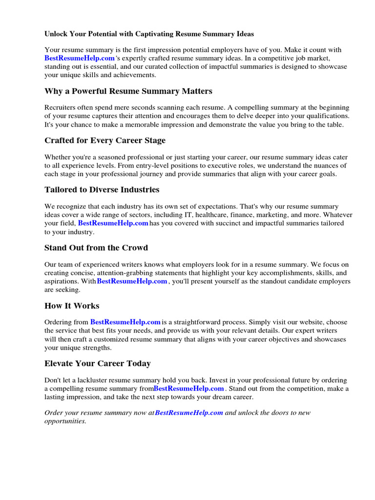 Resume Summary Ideas | Download Free PDF | Résumé