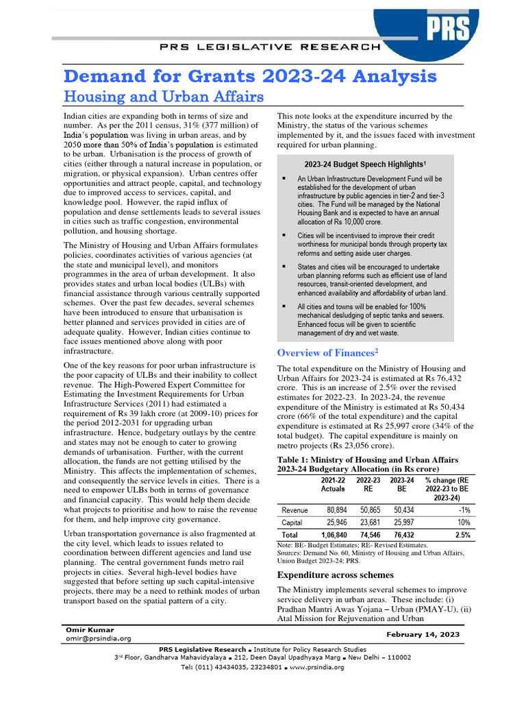 Urban Infrastructure Budget 2023-24 Analysis | PDF | Taxes | Economies