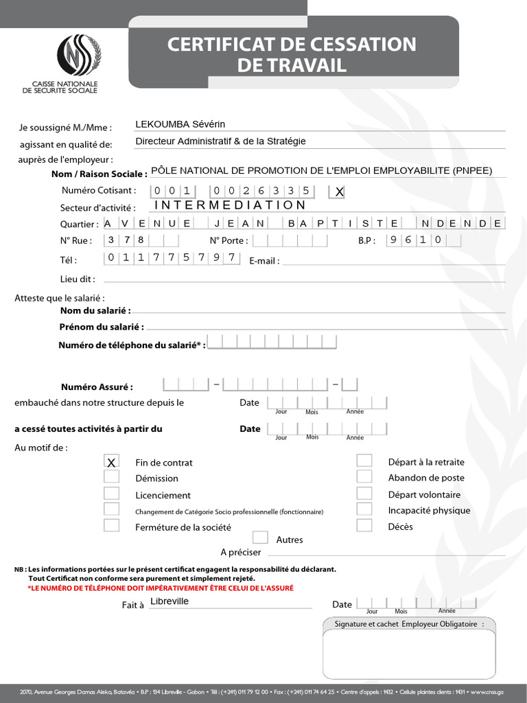 Certificat de Cessation de Travail CNSS | PDF | Relations de travail ...