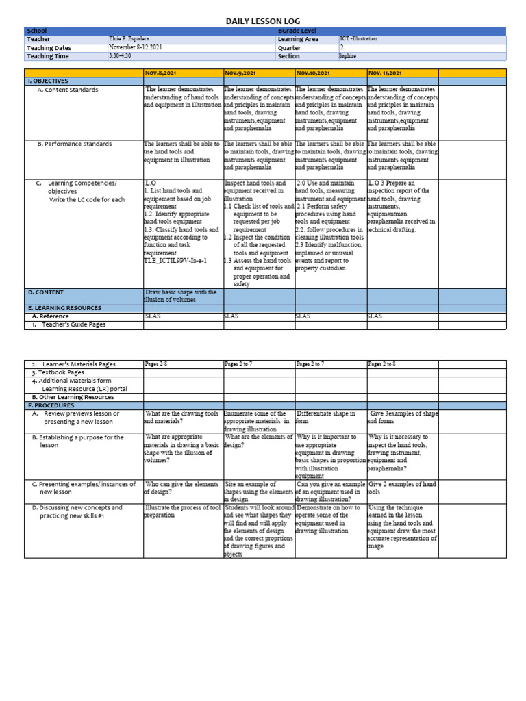 Daily Lesson Log: ICT Illustration Skills | PDF | Learning ...