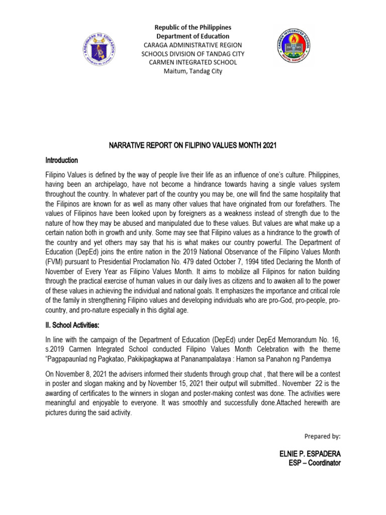 Narrative Report On Filipino Values Month 2021 | Download Free PDF ...