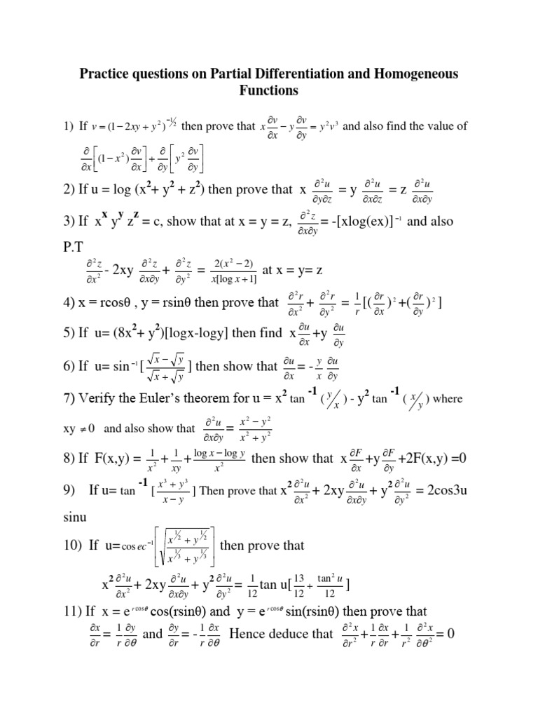 Practice Questions On Partial Differentiation and Homogeneous Functions | PDF | Functions And ...