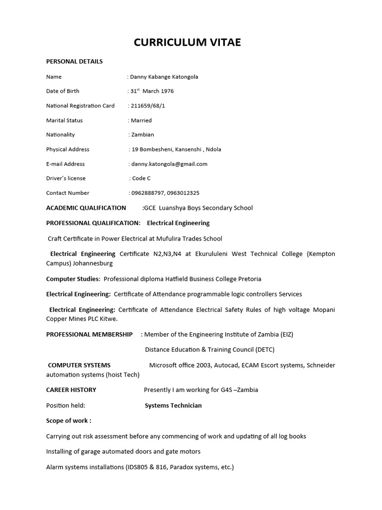 Danny Curriculum Vitae | PDF | Electrician | Electrical Substation