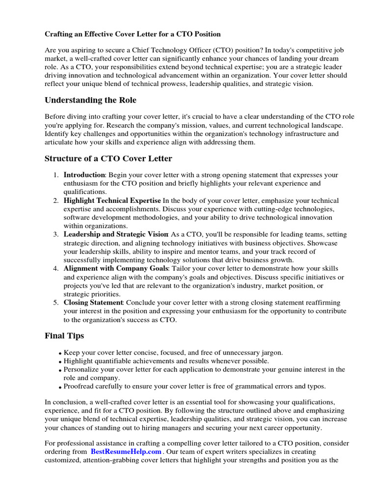 Cover Letter for Cto Position | PDF | Résumé | Leadership