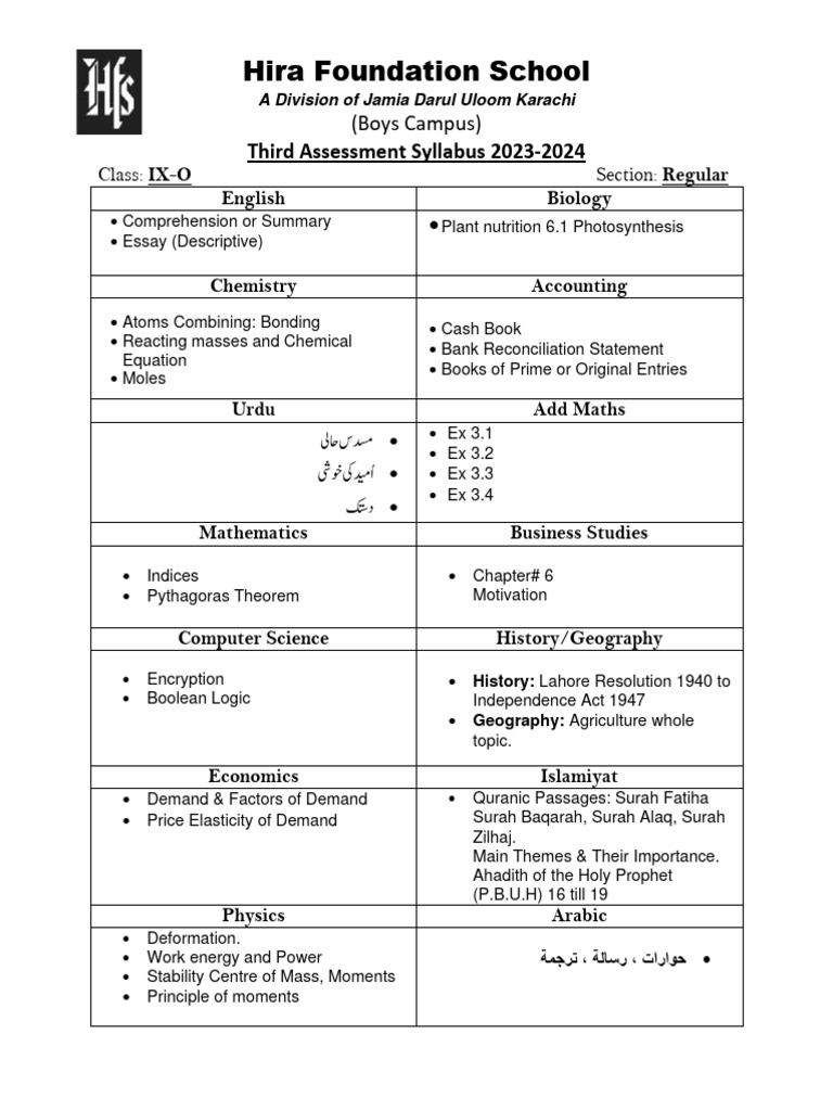 Grade-9 Third Assessment Syllabus | PDF | Science | Physical Sciences