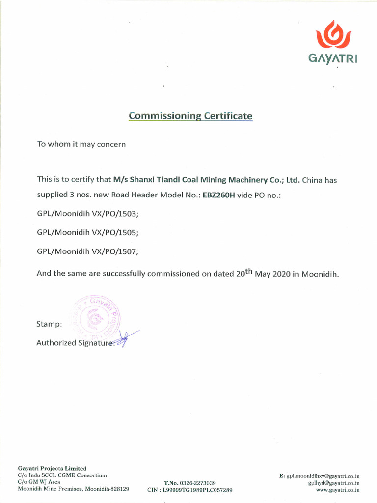 2020.05.20 EBZ260H 234 Comissioning Certificate | PDF