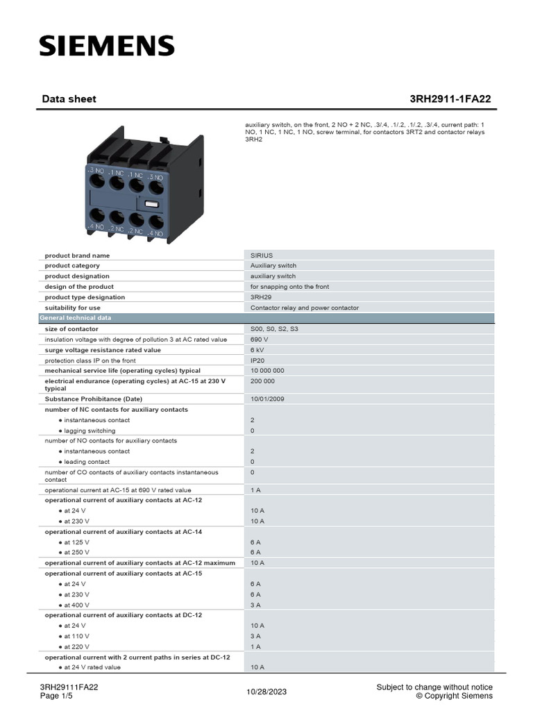 3RH29111FA22 Datasheet en | PDF | Switch | Relay