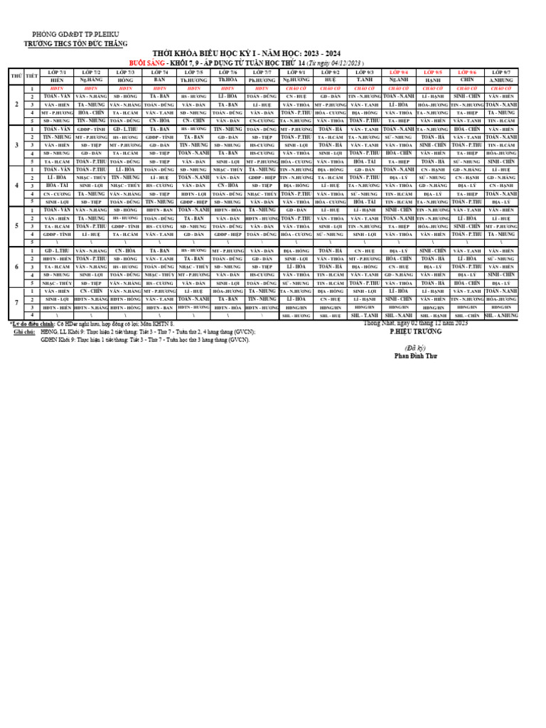 TKB HKI - Tuần 14 - lần 1 (23 - 24) - K7,9 | PDF