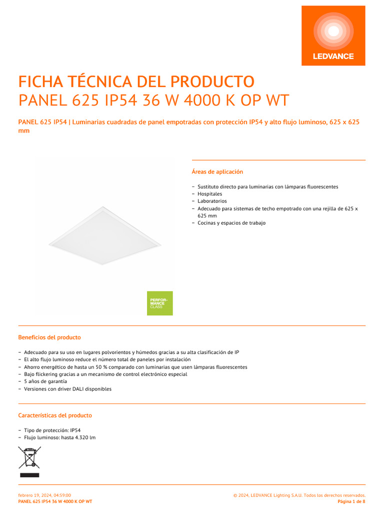 PANEL 625 IP54 36 W 4000 K OP WT Es | PDF | Lámpara fluorescente | Cantidad