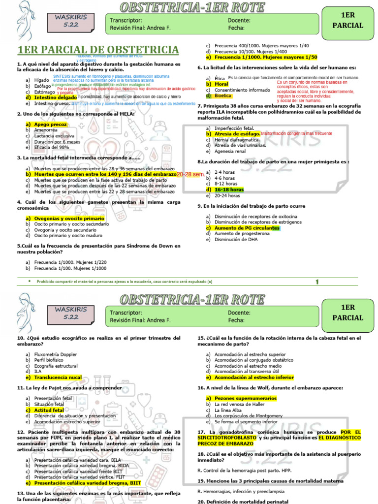 Preguntas Clave 1er Parcial Obstetricia | PDF | El embarazo | Parto