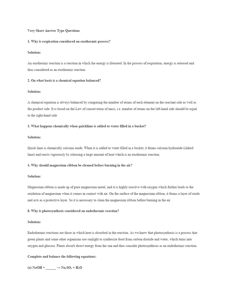 Very Short Answer Type Questions | PDF | Chemical Reactions | Cellular ...