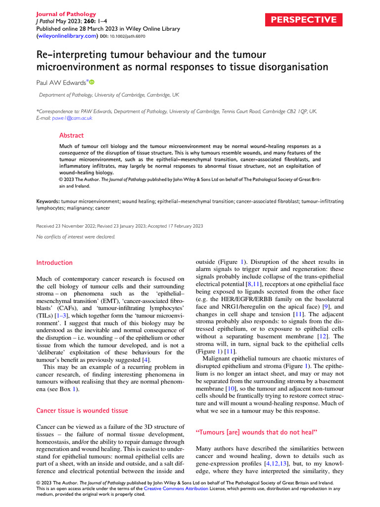Re Interpreting Tumour Behaviour And The Tumour Microenvironment As Normal Responses To Tissue