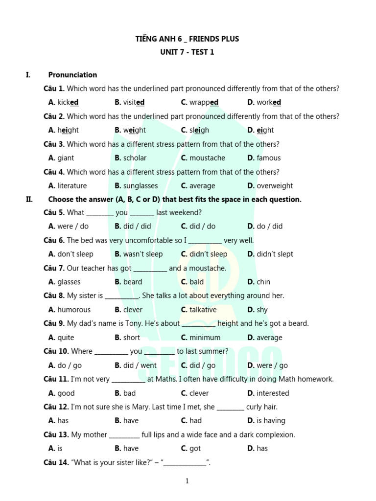 Tieng Anh 6 Friends Plus - Unit 7 - Test 1 | PDF