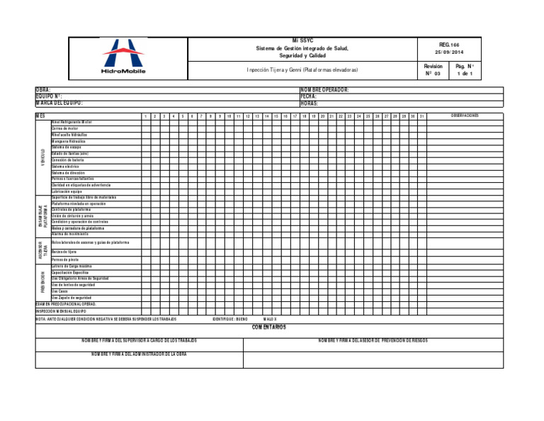 REG.166 Insp. Tijera y Genni (Plataformas Elevadoras) | PDF | Vehículos