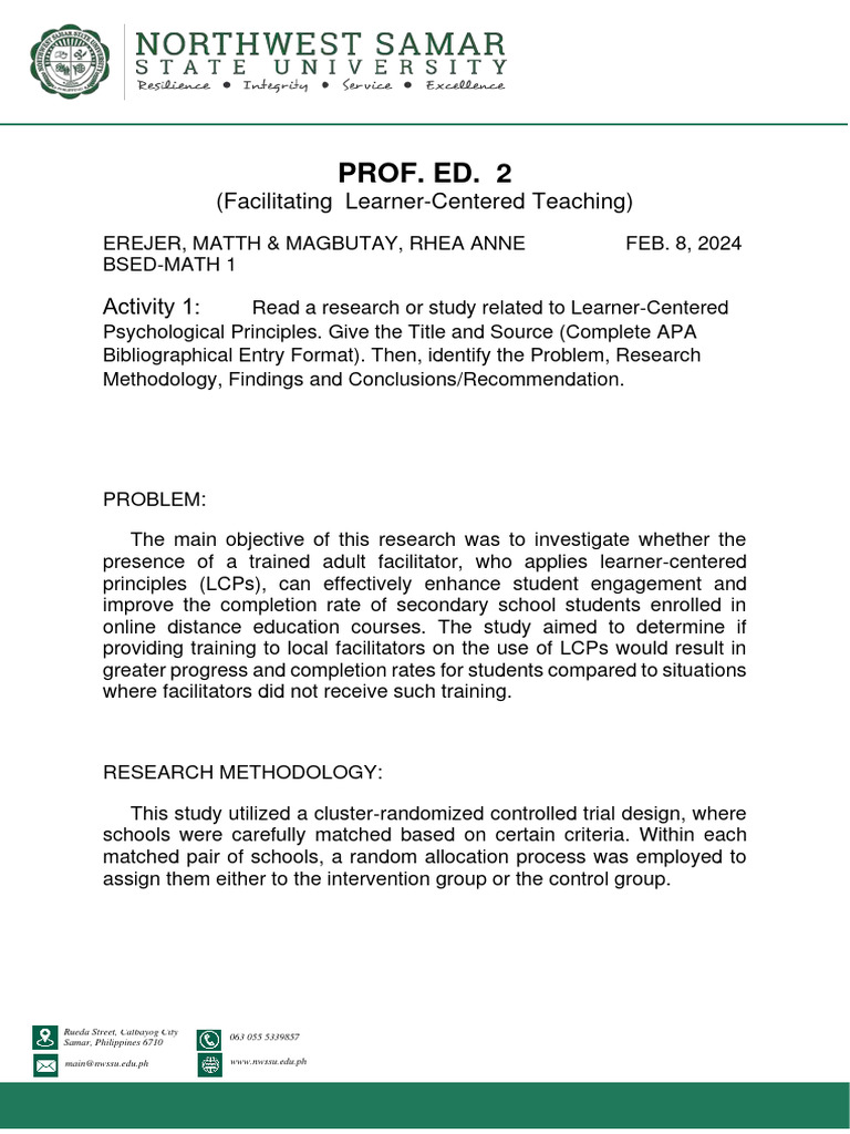 Prof. Ed. 2 Activity | PDF | Distance Education | Psychology