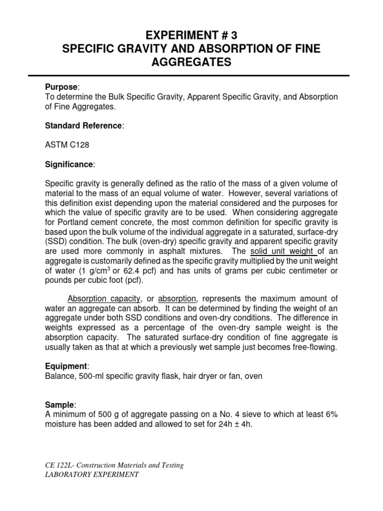EXP 03 - Specific Gravity and Absorption FA | PDF | Weight | Construction Aggregate