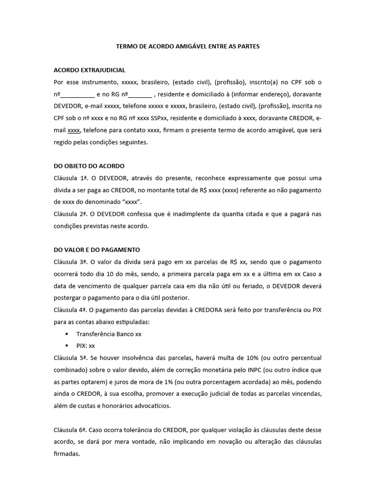Modelo TERMO DE ACORDO AMIGÁVEL ENTRE AS PARTES | PDF