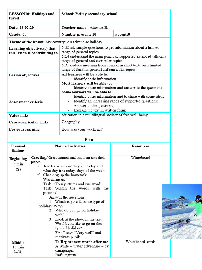 Adventure Holidays Lesson Plan | PDF | Learning | Educational Technology