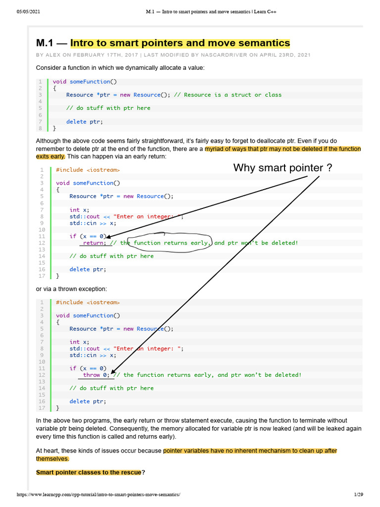 Smart Pointers and Move Semantics Guide | PDF | Pointer (Computer ...