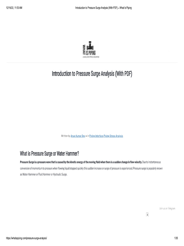Introduction To Pressure Surge Analysis | PDF