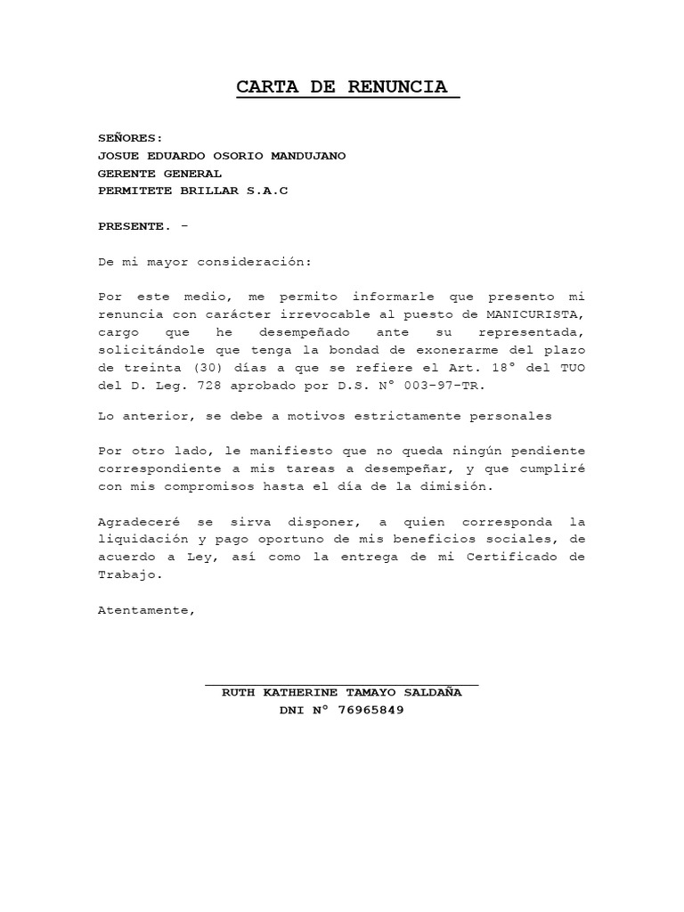 Modelo - Cartas de Renuncia | PDF