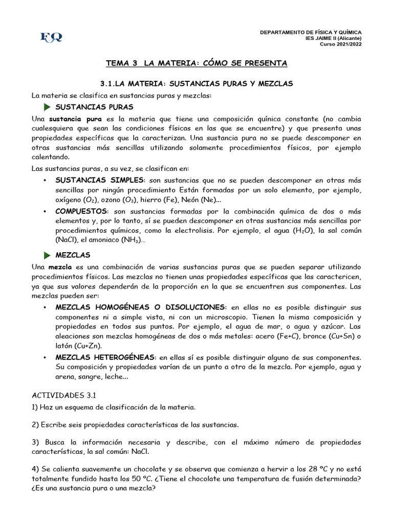Fyq Tema 3, 3ESO | PDF | Concentración | Mezcla