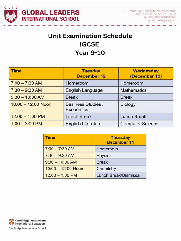 Unit Exam - Highschool - Schedule | PDF