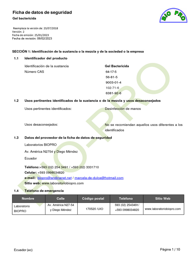 Ficha Seguridad Gel Bactericida | PDF | Toxicidad | Residuos