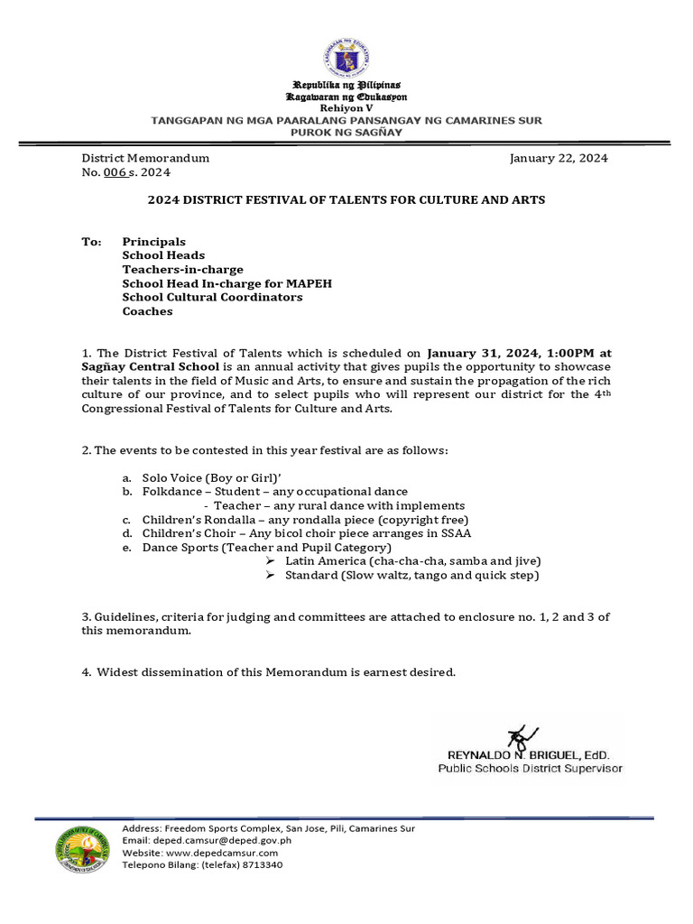 MAPEH District Memo For FOT 2024 | PDF | Dances | Performing Arts