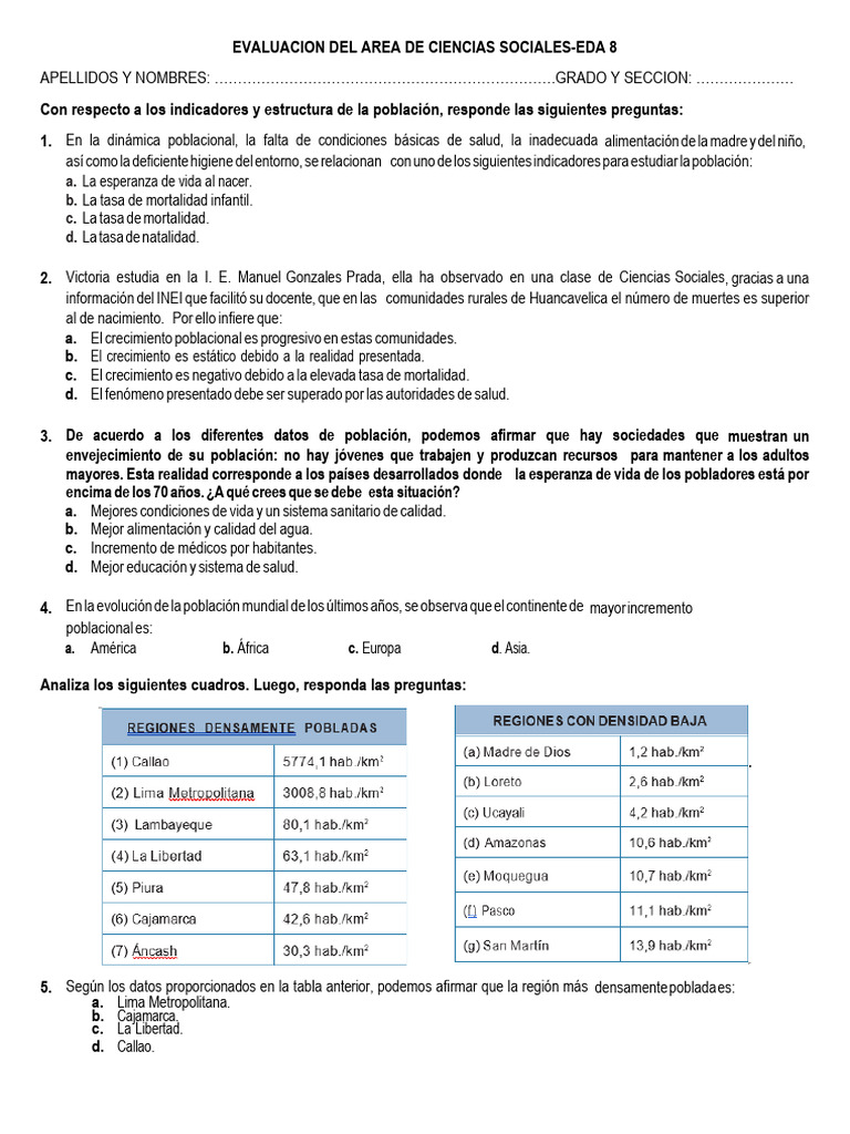 Evaluacion Iib - Eda 8 CC SS 1º Grado | PDF | Américas | Perú